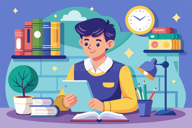 A Student Sits at a Desk, Engaging with a Tablet while Surrounded by ...