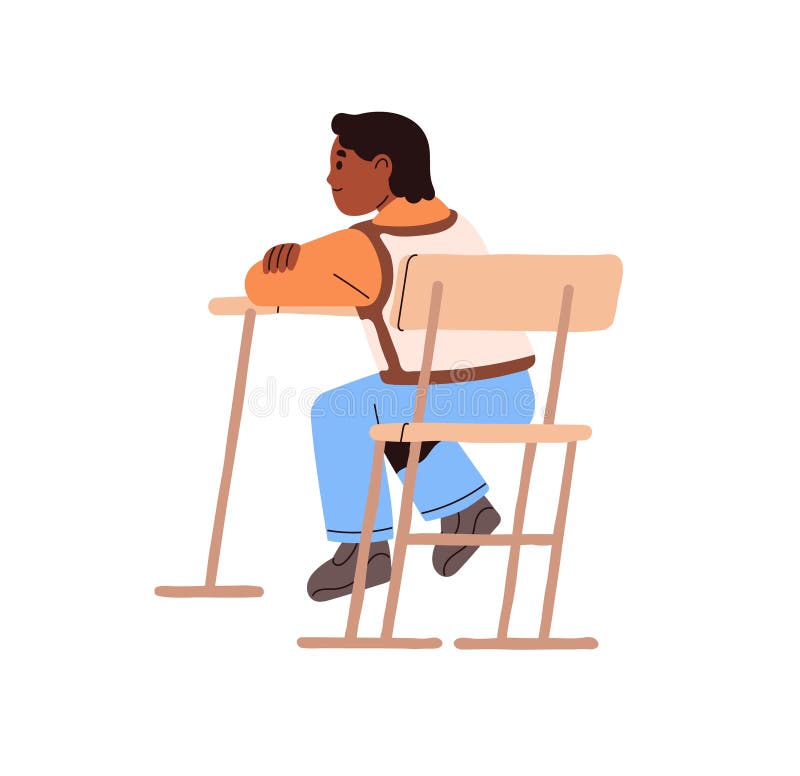 Student Sits at the Desk during Lesson in Classroom Back View. Child ...