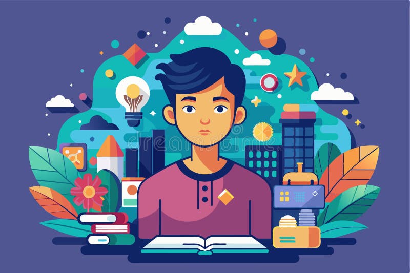 A Student Sits Focused with an Open Book, Surrounded by Colorful ...