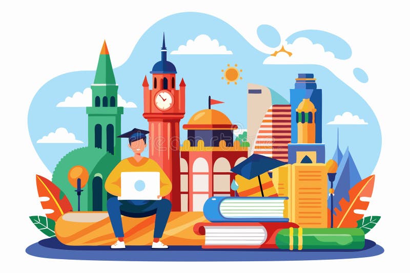 A Student Sits with a Laptop Surrounded by Books and Iconic Buildings ...