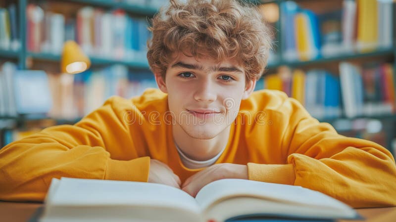 Focused Student Studies Quietly in a Library Surrounded by Shelves of Books Stock Image - Image ...
