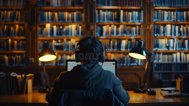 A Student Sits in a Quiet Corner of a Library Laptop Open and ...