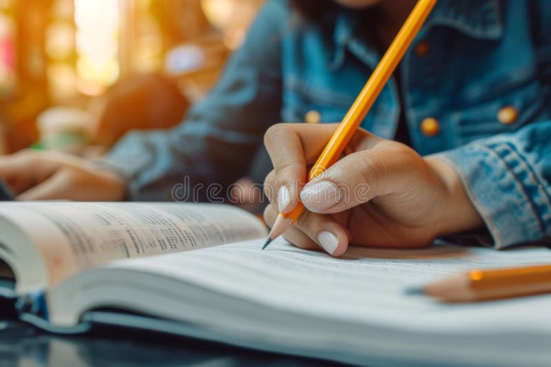 A Student Sits at a Table Intensely Focused on Studying for a College ...