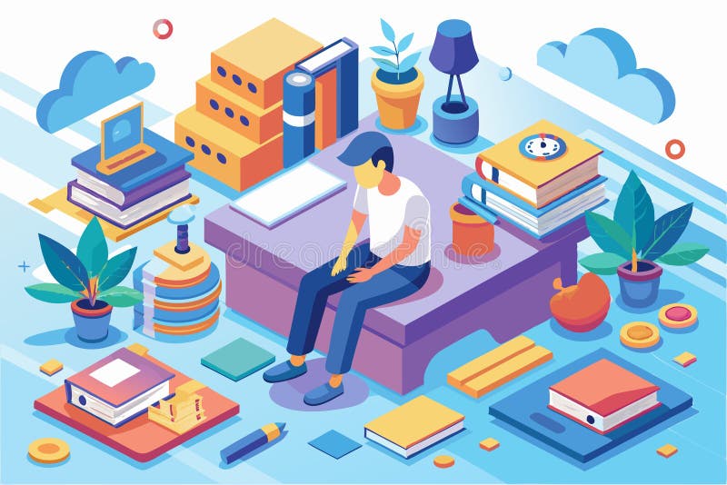 A Student Sits Thoughtfully among Stacks of Books and Plants, Engaged ...