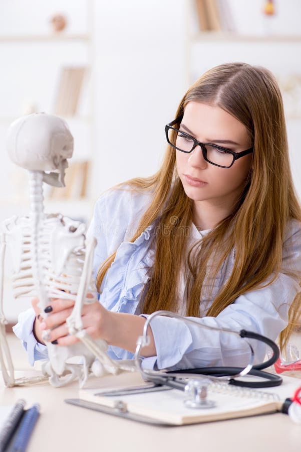 The Student Sitting in Classroom and Studying Skeleton Stock Image ...