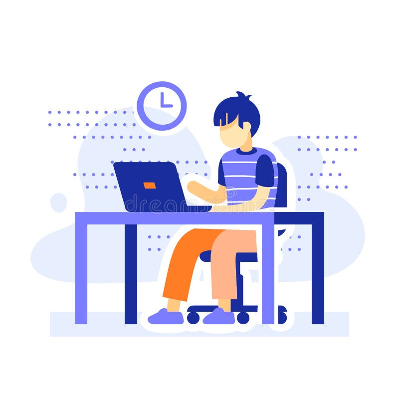 Student Sitting at Desk, School Boy Doing Homework Behind Computer ...