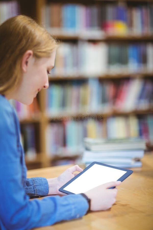 Student with Smartwatch Using Tablet in Library Stock Photo - Image of ...