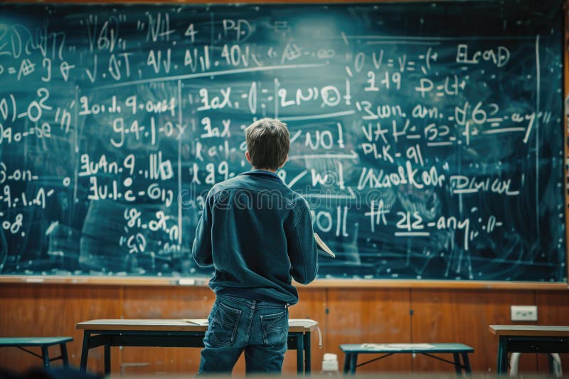 Student Solves Math Problem at Blackboard, Kid Thinks and Looks at ...
