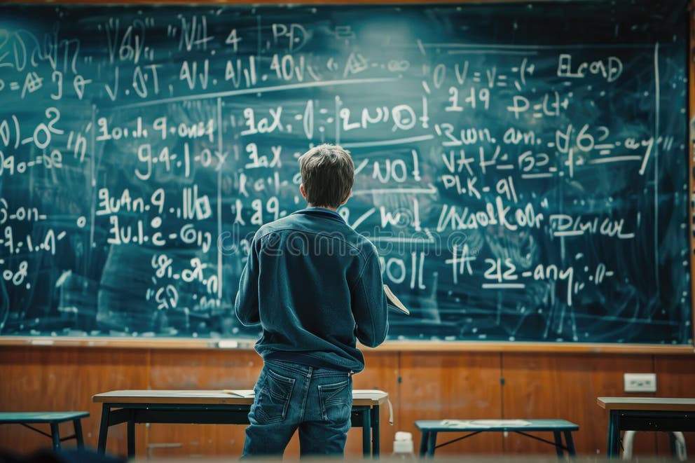 Student Solves Math Problem at Blackboard, Kid Thinks and Looks at ...
