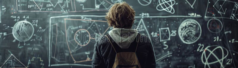 A Student Solving Complex Geometry Problems on a Blackboard, Surrounded ...