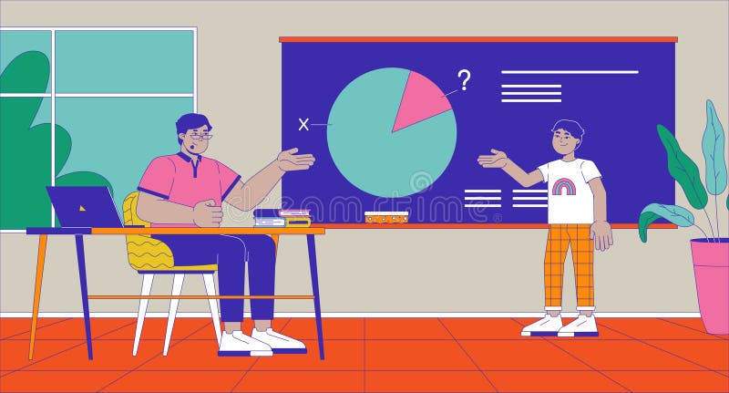 Student Solving Math Problem with Teacher at Blackboard Cartoon Flat ...