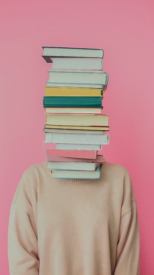 Student with a Stack of Books for a Head on a Pastel Background. Study ...