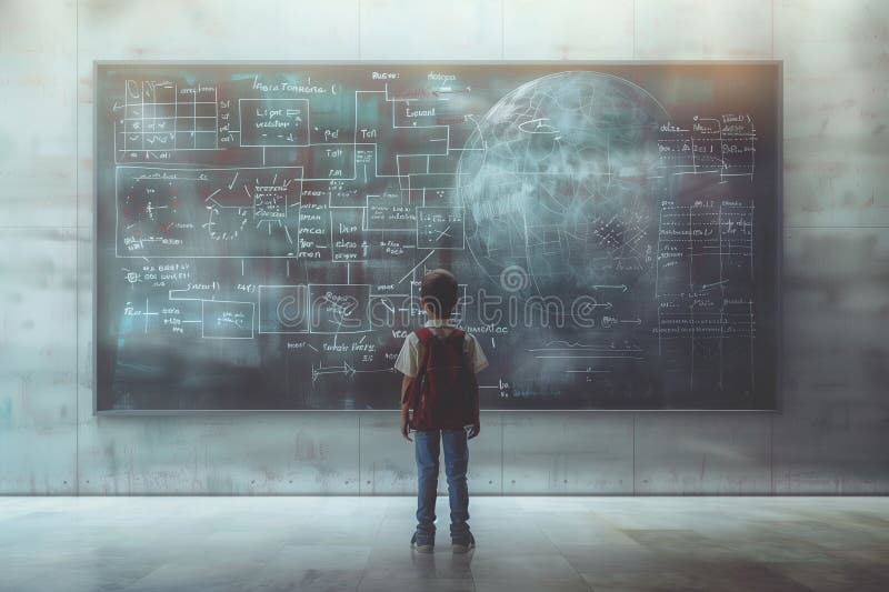 Student Standing in Front of Math Formulas and Equations with Chalk on ...