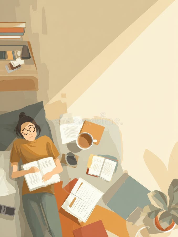 Student Staying Awake with Books and Coffee in a Clean Flat Design ...