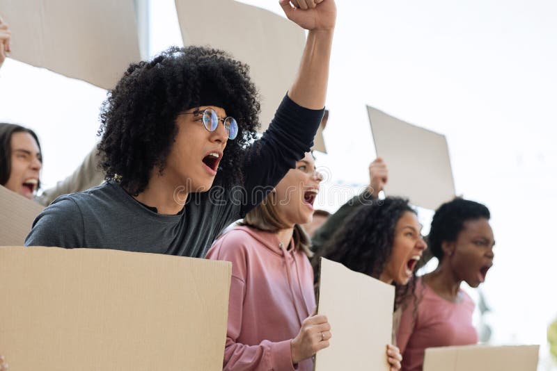 Side View of International Group of Strikers with Blank Placards Stock ...