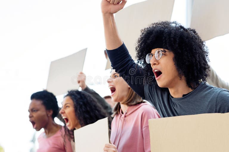 Side View of International Group of Strikers with Blank Placards Stock ...