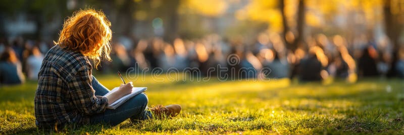 Student Studies and Writes Outdoor Essay on University Campus during ...