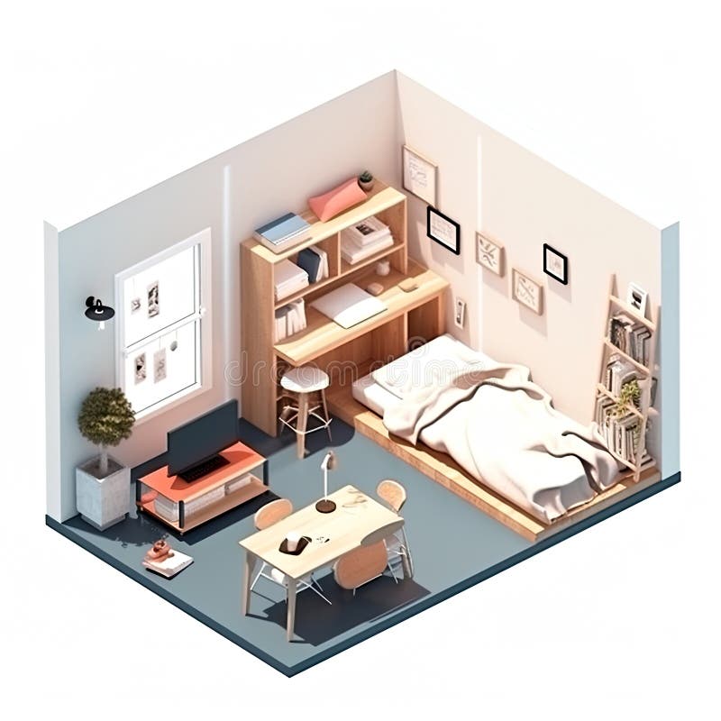 Studio Flat Simple Minimal Isometric Projection Tiny Miniature Room ...