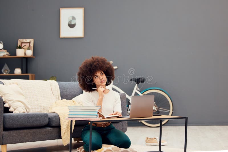 Student, Study and Black Woman in Home Thinking of Essay Writing Ideas ...