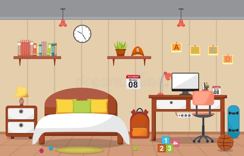 Student Study Desk Table Bedroom Interior Room Furniture Flat Design ...