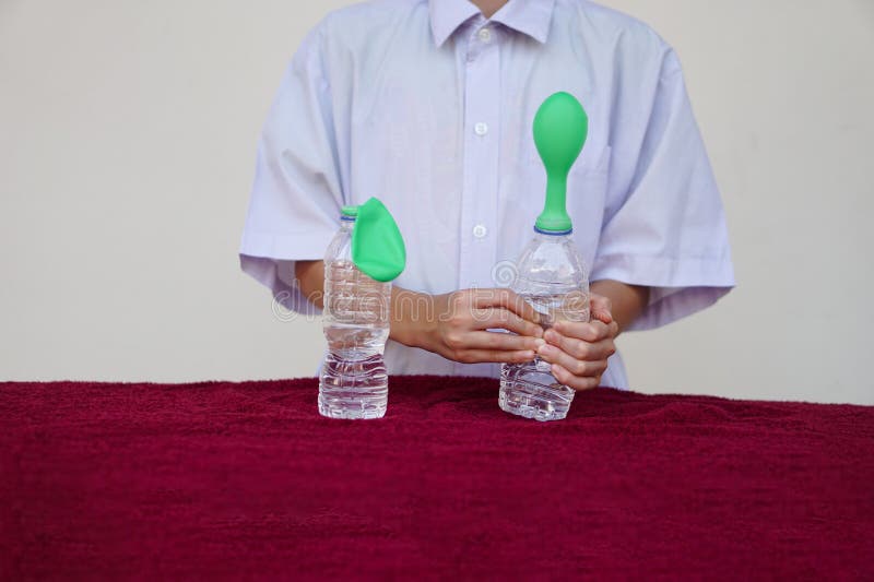 Student Study Science Experiment, Hold Two Bottles with Green Balloons ...