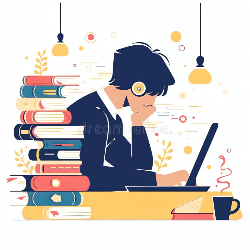 Student Studying with Books and Computer, Modern Flat Illustration ...