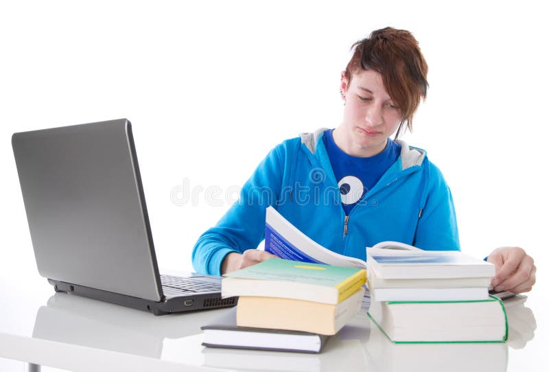 Student Studying with Books and Laptop Isolated on White. Stock Photo ...