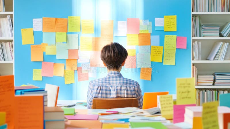 Student Studying and Brainstorming Using Sticky Notes on Wall in ...