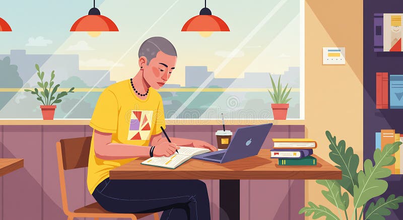 Student Studying at Cafe with Laptop and Notebook Illustration Stock ...