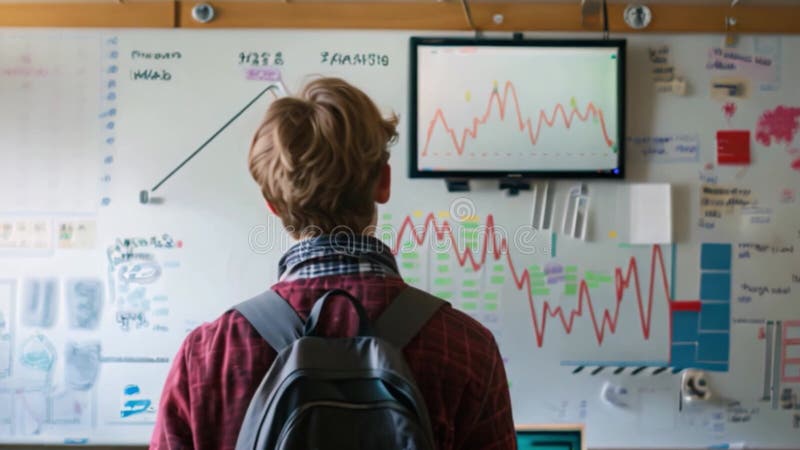 Student Studying Charts and Graphs on Whiteboard in Classroom Stock ...