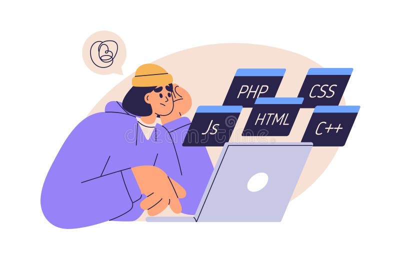 Student Studying Code, Program. Puzzled Person Chooses Computer ...