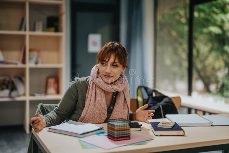 Student Studying in a Cozy Classroom Setting with Books and Notes Stock ...