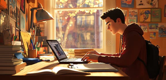 Student Studying at Desk, Illustration Stock Photo - Image of learning ...