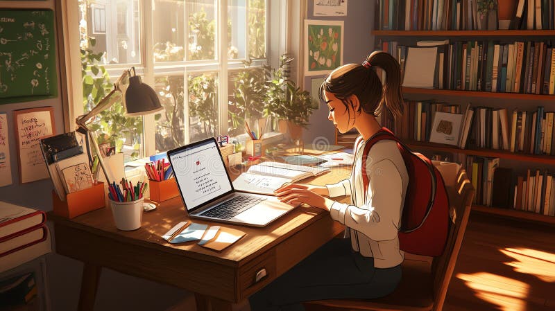 Student Studying at Desk Illustration Stock Photo - Image of homework ...