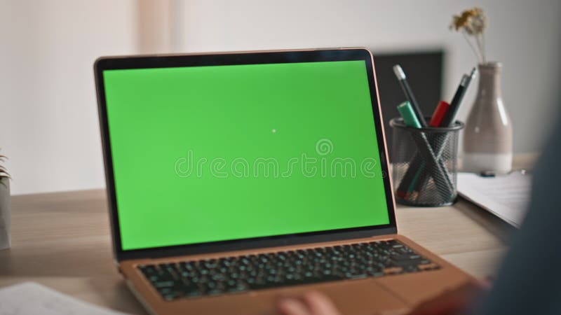 Student Studying Green Screen Laptop at Home Workplace Closeup. Man ...