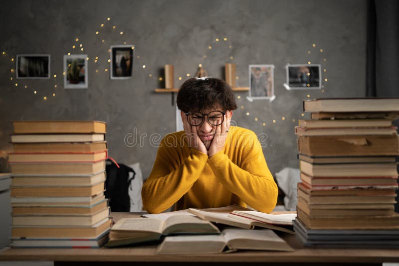 Student Studying Hard Exam with Books, Tired Guy Read Difficult Book in ...