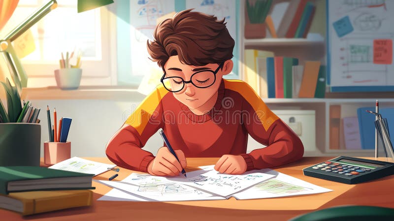 Student Studying Illustration: Focused Boy Learning Stock Image - Image ...