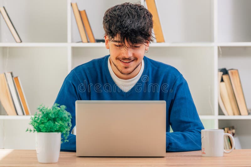 Student with Computer or Laptop at Desk Stock Image - Image of teenager ...