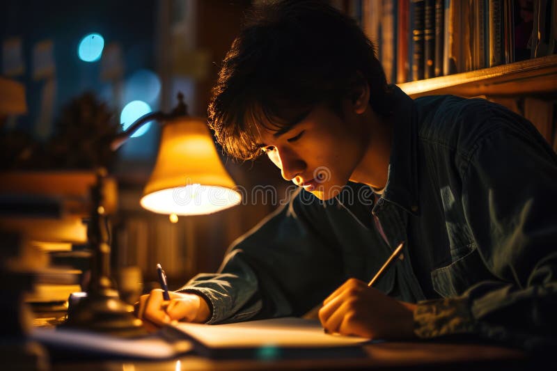 A Student Studying Late into the Night, Focused on an Old Desk Lamp, AI ...