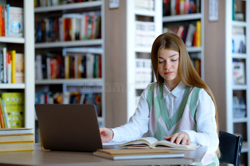 Student Studying in Library and Doing Research Stock Image - Image of ...