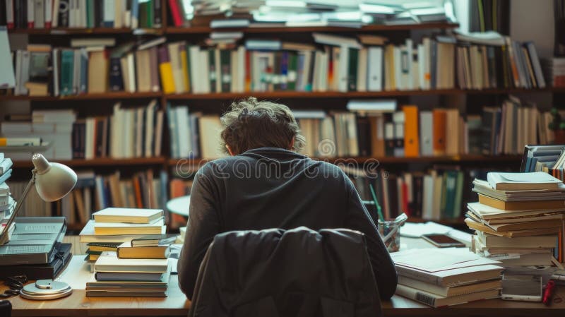 Student Studying in a Library a Student is Sitting at a Desk in a ...
