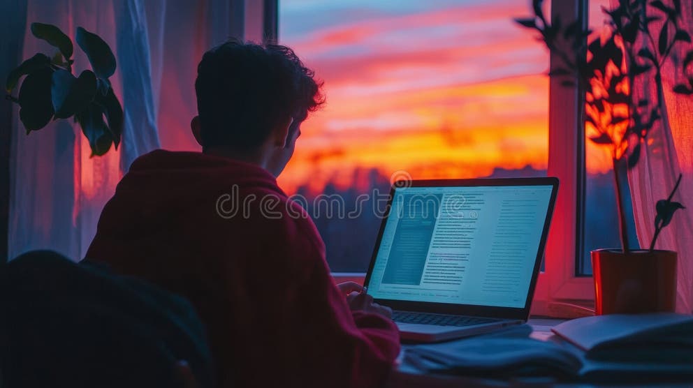 Student Studying Online Course Materials at Dusk with Laptop, Books ...