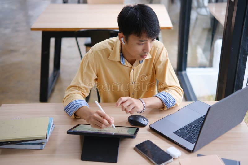 Student Studying Online and Preparing for Exams with Digital Devices ...