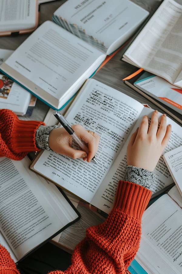 Student Studying with Open Books, Highlighting Text, Preparing for ...