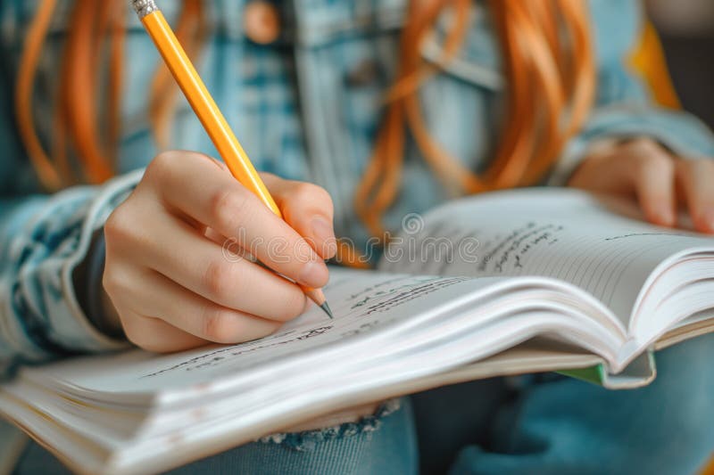 Student Studying with Textbook and Pencil, Educational Focus. Stock ...
