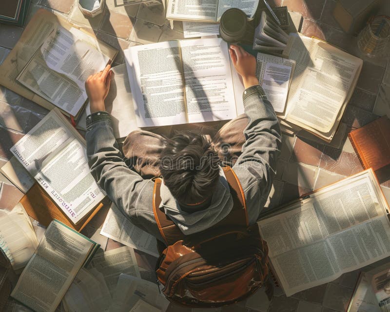 Student Studying Under Sky, Books and Quiz Sheets Around, High Angle ...