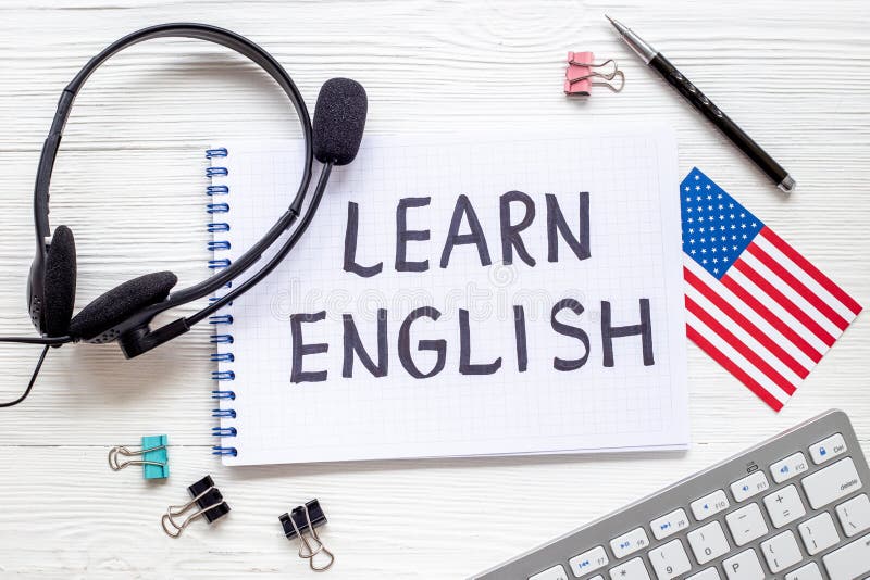 Learning English Online Lessons Concept. Text on Student Table Stock ...