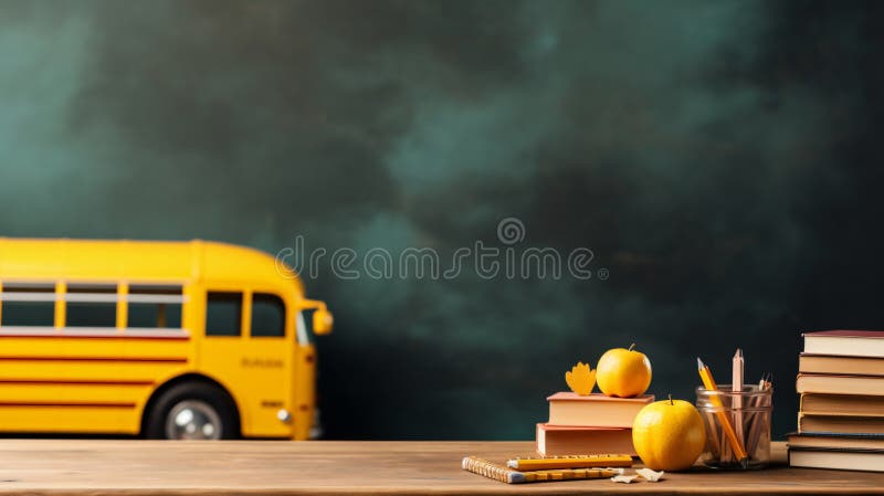 Student Table Displaying Yellow School Bus Model with Chalkboard in ...