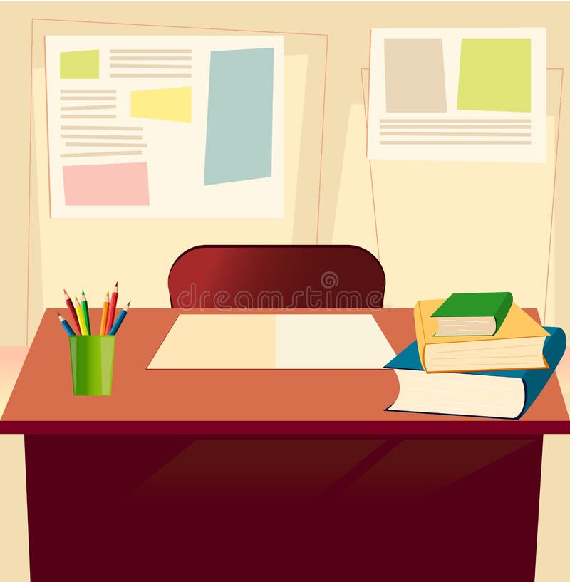 Student Table with Textbooks, Copybook, Pensils in Elementary School ...