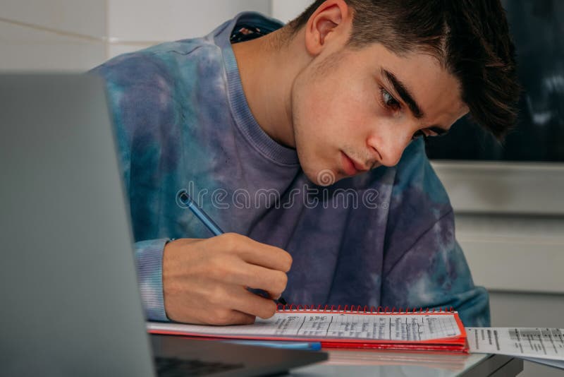 Student Hand with Pen Writing with Computer Stock Image - Image of exam ...